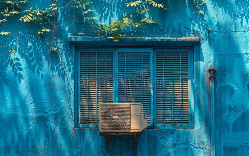 A Blue Building with a Window that Has a Window Air Conditioner Stock ...
