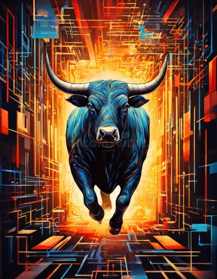 Blue Bull Charging through a Futuristic Digital Corridor Stock Photo ...