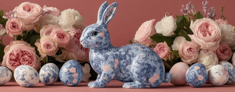 A Blue Bunny Adorned with Pink Flowers and Patterned Eggs, Creating a ...