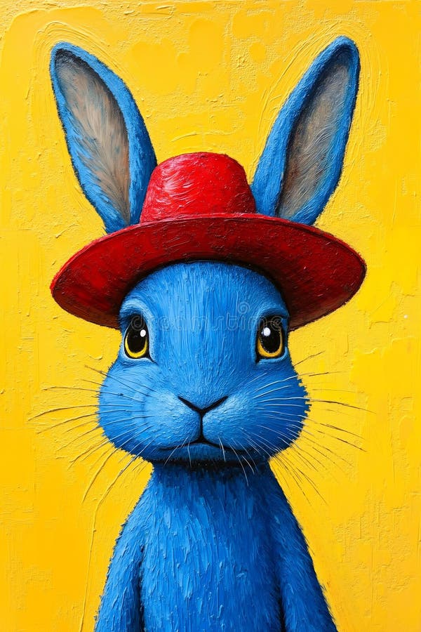 A Painting of a Blue Rabbit Wearing a Red Hat Stock Photo - Image of ...