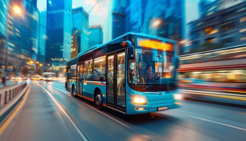 A Blue Bus is Driving Down a City Street by AI Generated Image Stock ...
