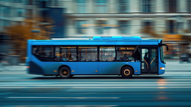A Blue Bus is Driving Down a Street at Night Stock Photo - Image of ...