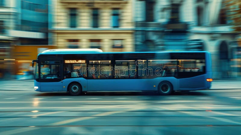 A Blue Bus is Driving Down a Street at Night Stock Image - Image of ...