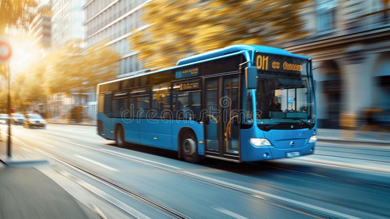 A Blue Bus is Driving Down a Street at Night Stock Photo - Image of ...
