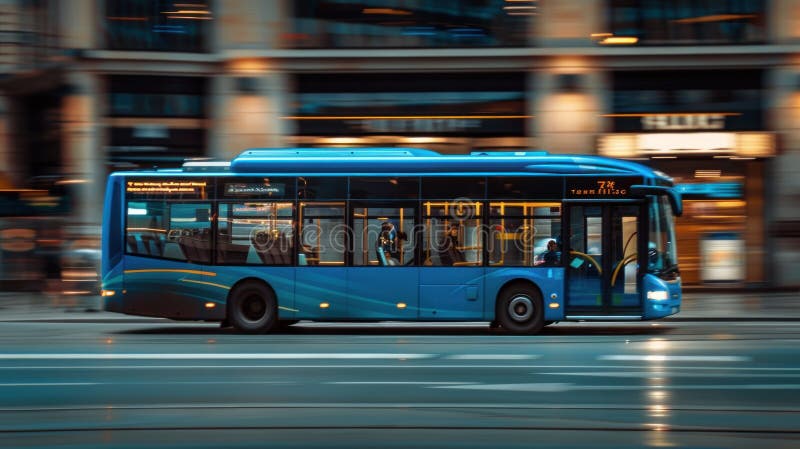 A Blue Bus is Driving Down a Street at Night Stock Illustration ...