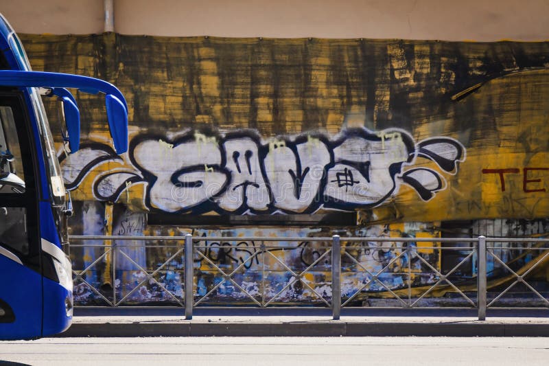 Blue Bus, Graffiti, on the Background of a Graffiti Wall, in the Style ...