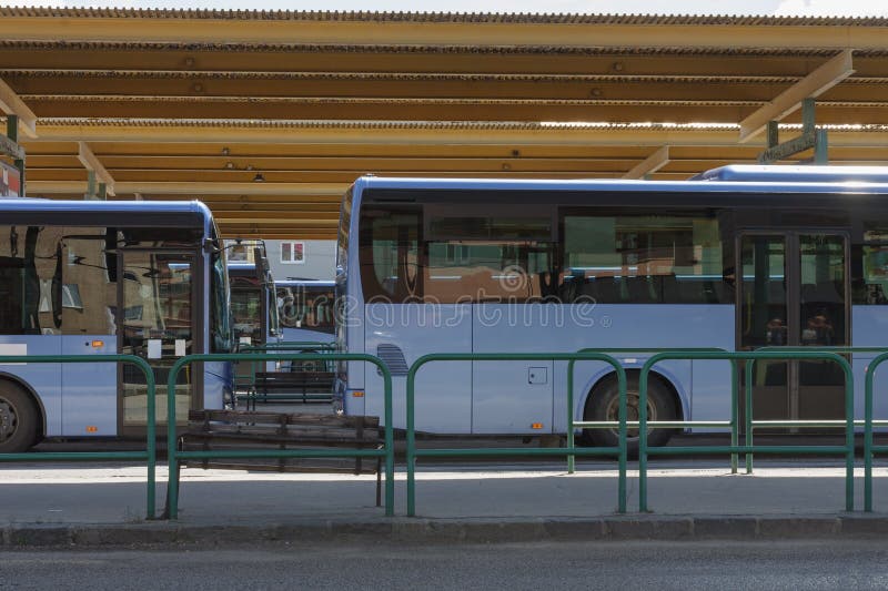 Blue Buses Parking, Waiting for Passengers on Bus Station Stock Image ...