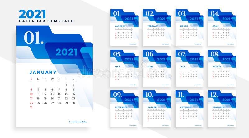 2021 Blue Business Calendar Template with Abstract Shapes Stock Vector ...