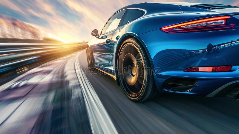 Blue Business Car Accelerating on High-speed Highway in Dynamic Turn ...