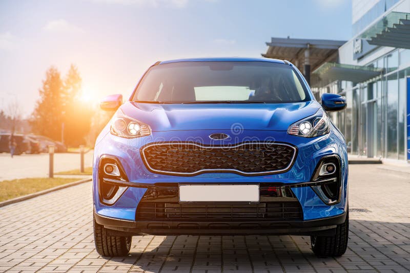 Blue Business Car with Shiny Front Lights Color Bright Stock Photo ...