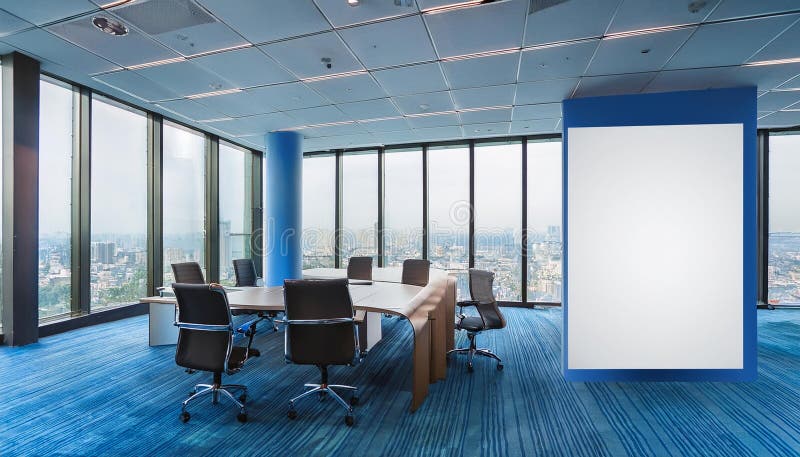 Blue Business Office Room Interior with Meeting Space, Window. Mockup ...