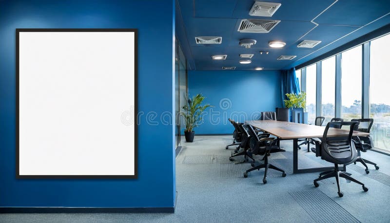 Blue Business Office Room Interior with Meeting Space, Window. Mockup ...