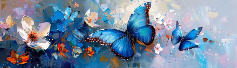 Blue Butterflies and Flowers in a Watercolor Style Stock Illustration ...