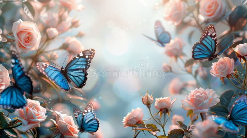 Blue Butterflies Flutter Around Pink Roses in a Soft, Dreamy Garden ...