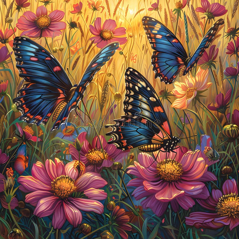 Blue Butterflies Flutter Over Magenta Cosmos Flowers in Spring and ...