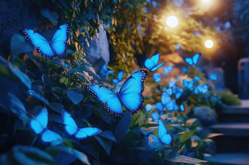 Blue Butterflies on Tree Branch Stock Photo - Image of warm ...
