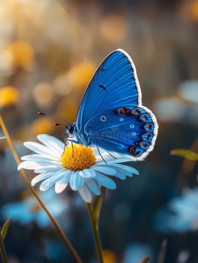 Blue Butterfly on a Daisy in a Vibrant, Serene Nature Scene. Stock ...