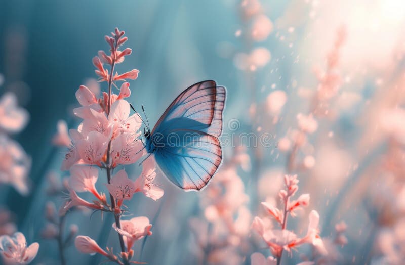 A Blue Butterfly is Flying in Near a Pink Flower Stock Image - Image of ...