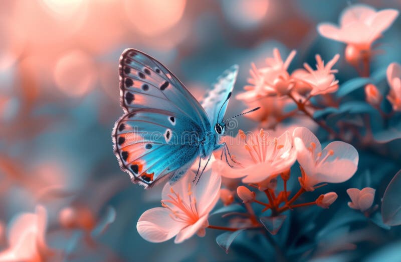 A Blue Butterfly is Flying in Near a Pink Flower Stock Image - Image of ...
