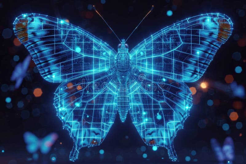 A Blue Butterfly with Glowing Wings on a Black Background Artificial ...