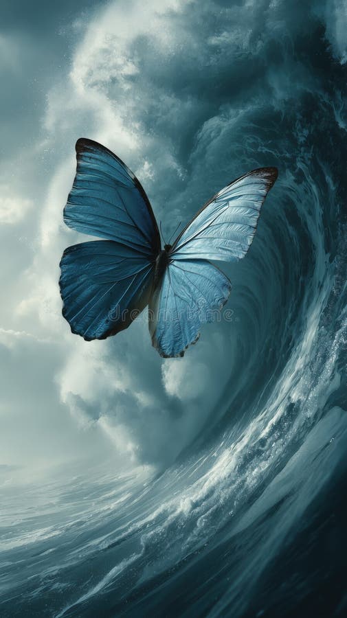 Blue Butterfly Gracefully Flies in Front of Massive Wave, Creating ...