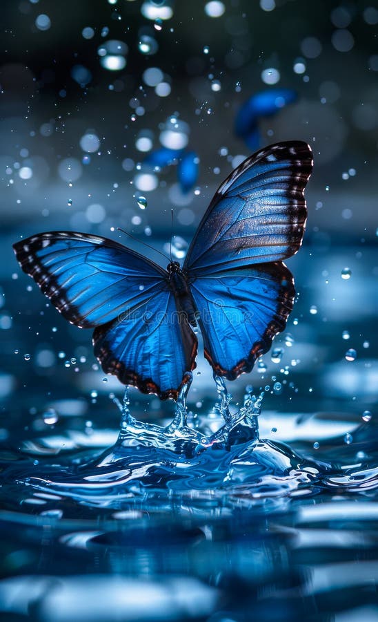 Blue Butterfly Landing in Water. a Blue Butterfly Lands in a Pool of ...