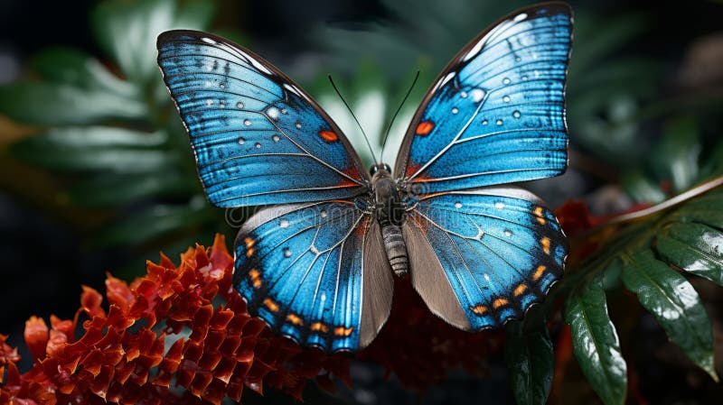 A Blue Butterfly on a Leaf. Generative AI. Stock Illustration ...