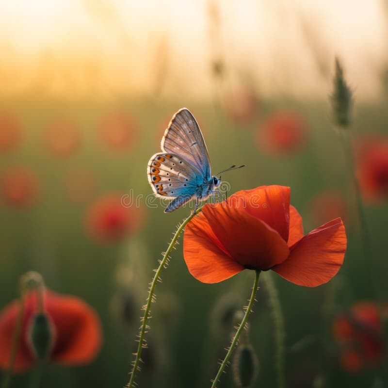 Blue Butterfly on Red Poppy in Sunset Field Stock Illustration ...