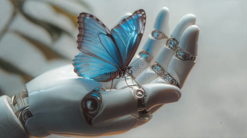 A Blue Butterfly Sits on the Robot S Palm. Generative AI Stock ...