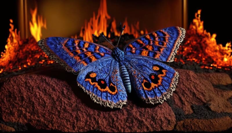 A Blue Butterfly Sitting on a Rock in Front of a Fire Place with Flames ...