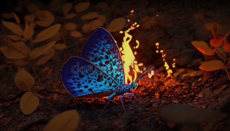 A Blue Butterfly Sitting on Top of a Leaf Covered Ground Next To a Fire ...