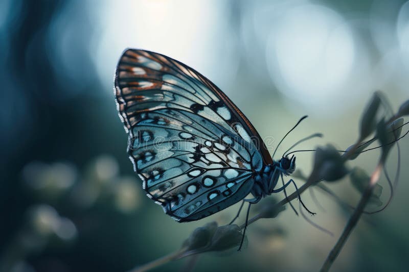 A Blue Butterfly Sitting on Top of a Plant with Lots of Leaves Stock ...