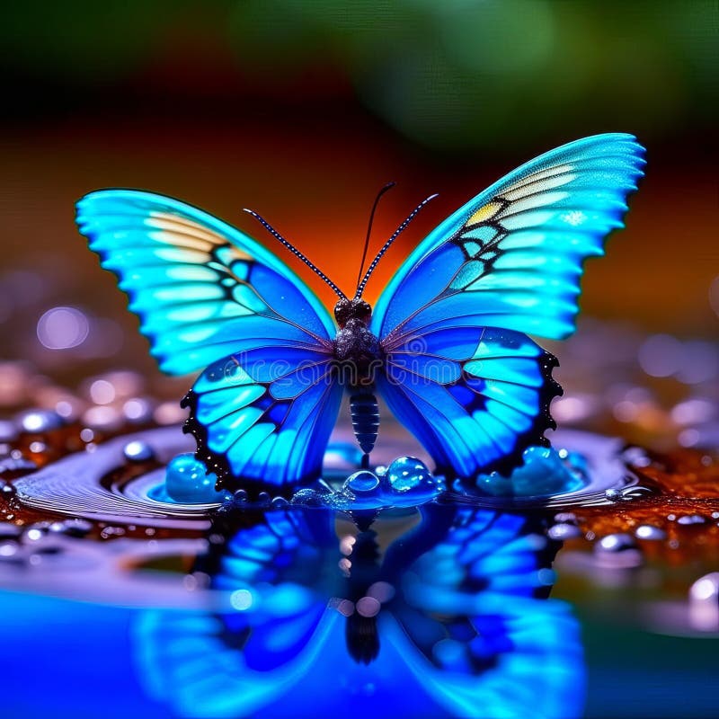 The Blue Butterfly Touches the Surface of the Water. Stock Illustration ...