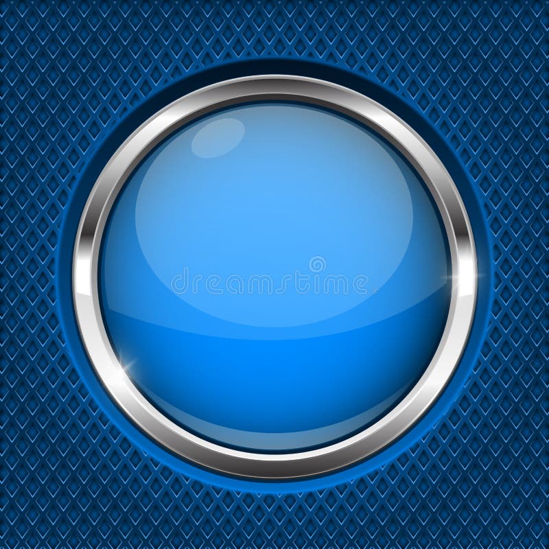 Blue Button with Chrome Frame. Round Glass Shiny 3d Icon on Blue ... Blue Button with Chrome Frame. Round Glass Shiny 3d Icon on Blue ...