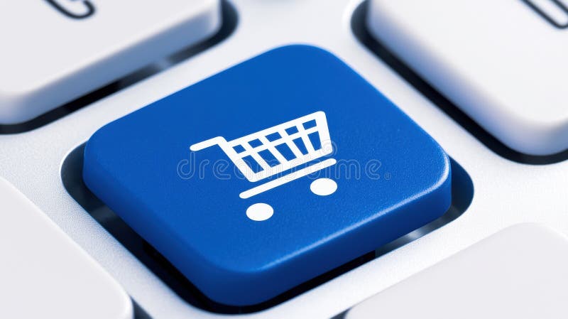 Blue Button with a Shopping Cart Icon on a White Keyboard, Representing ...