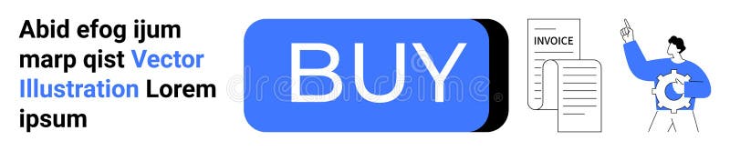 Blue BUY Button with Text Elements, Invoice, and Character with Gear ...