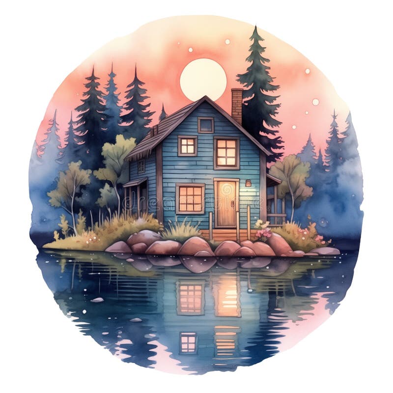 Blue Cabin on Lakeside Under Full Moon with Pine Trees and Calm Water ...