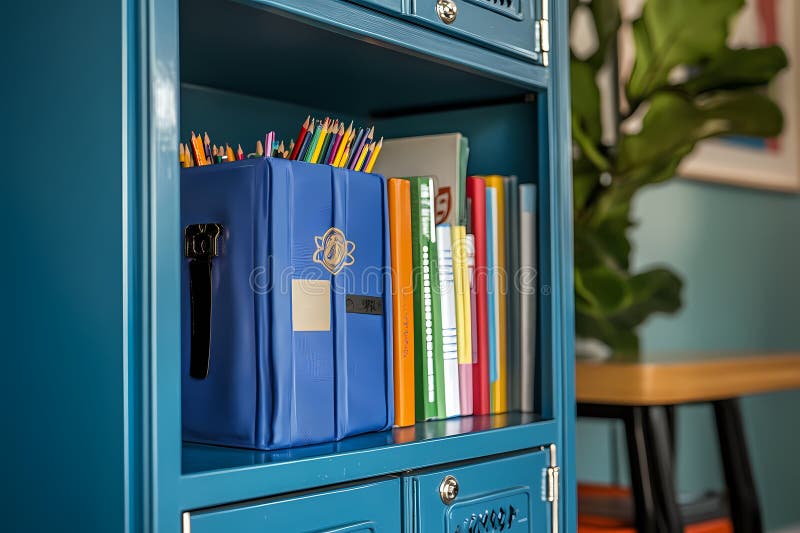 A Blue Cabinet with Books and Pencils Inside, Captured from the Front ...