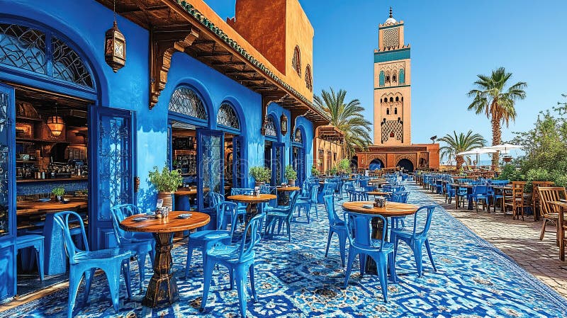 Blue Cafe Patio, Moroccan Architecture, Sunny Day, Tourism Stock ...