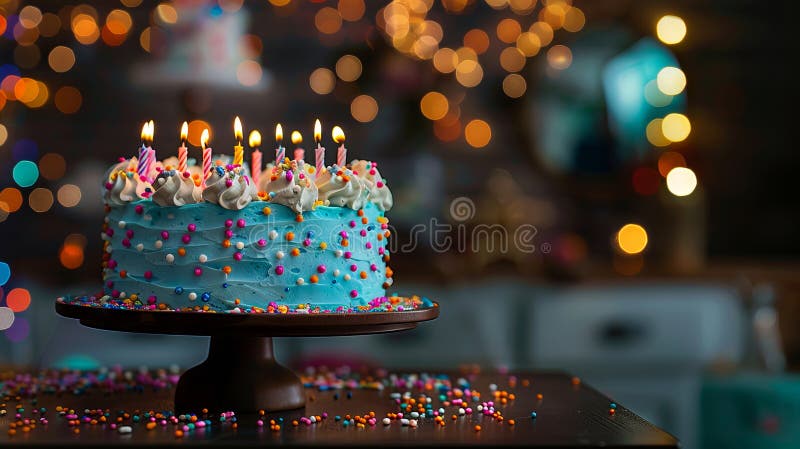 A Blue Cake with Candles on it Stock Image - Image of party, generated ...