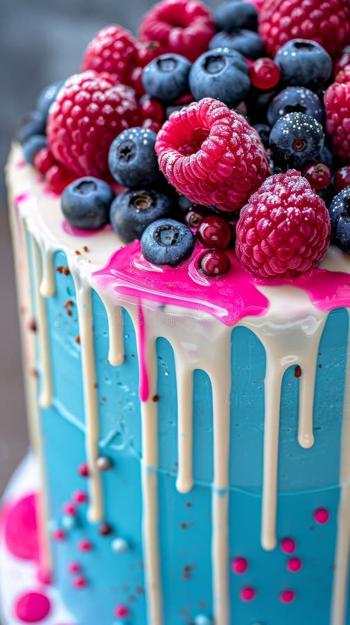 A Blue Cake Covered in White Icing and Topped with Vibrant Berries ...