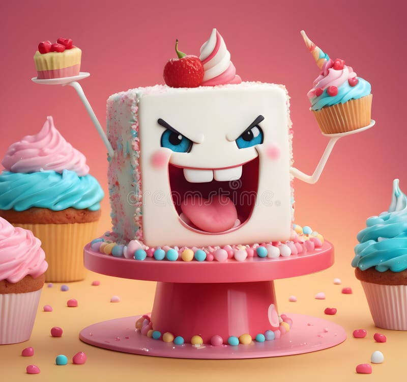 A Blue Cake with a Face Surrounded by Pink Cupcakes Stock Photo - Image ...