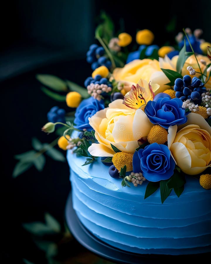 Blue Cake with Yellow Peonies Under Dramatic Lighting Stock ...