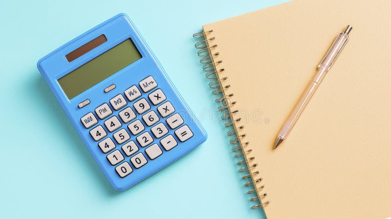 Blue Calculator and Notebook on Light Blue Desk Stock Illustration ...