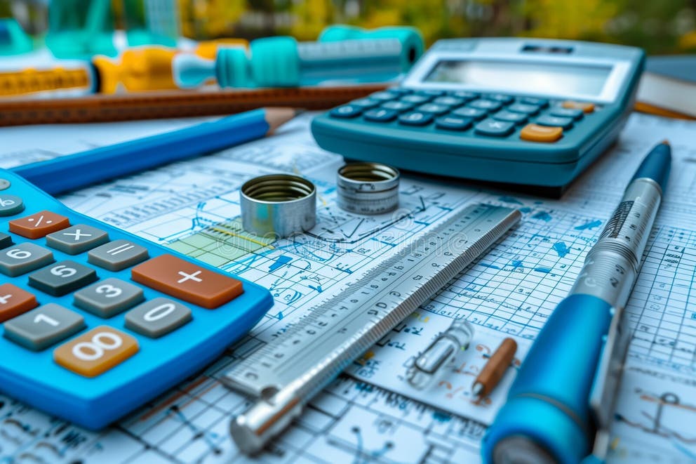 Blue Calculators and Drafting Tools on a Technical Diagram Stock Photo ...