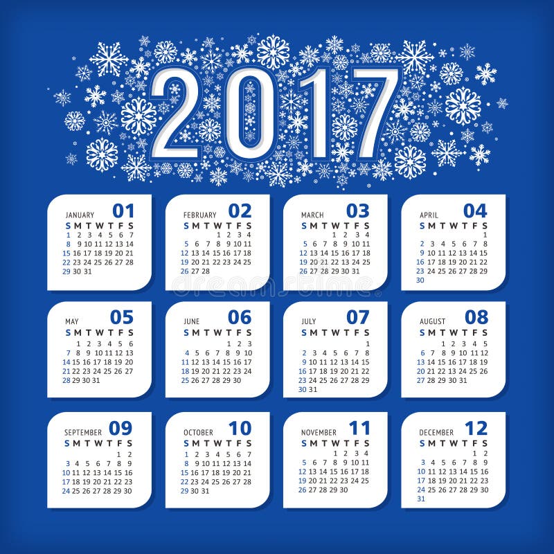 2017 Blue Calendar with Stylized Snowflakes Stock Vector - Illustration ...