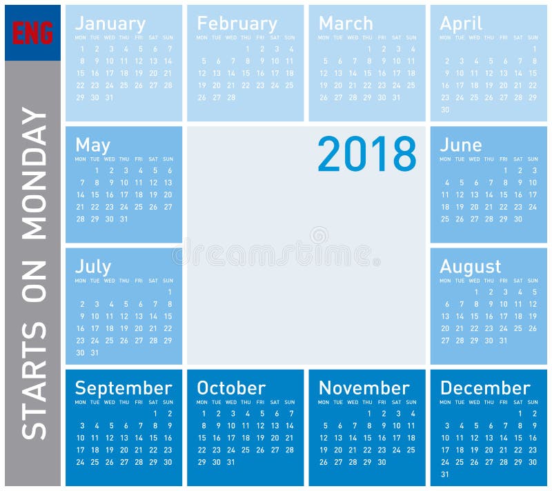 Blue Calendar for Year 2018, Week Starts on Monday Stock Vector ...
