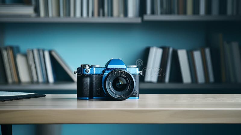 Blue Digital Camera on Table with Bookshelves - Lifelike and Precise ...