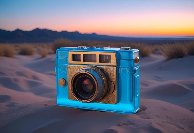 A Blue Camera Sitting in the Middle of the Desert with Sunset Stock ...