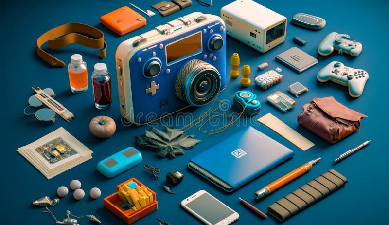 Blue Camera Surrounded by Many Different Items. Generative AI Stock ...